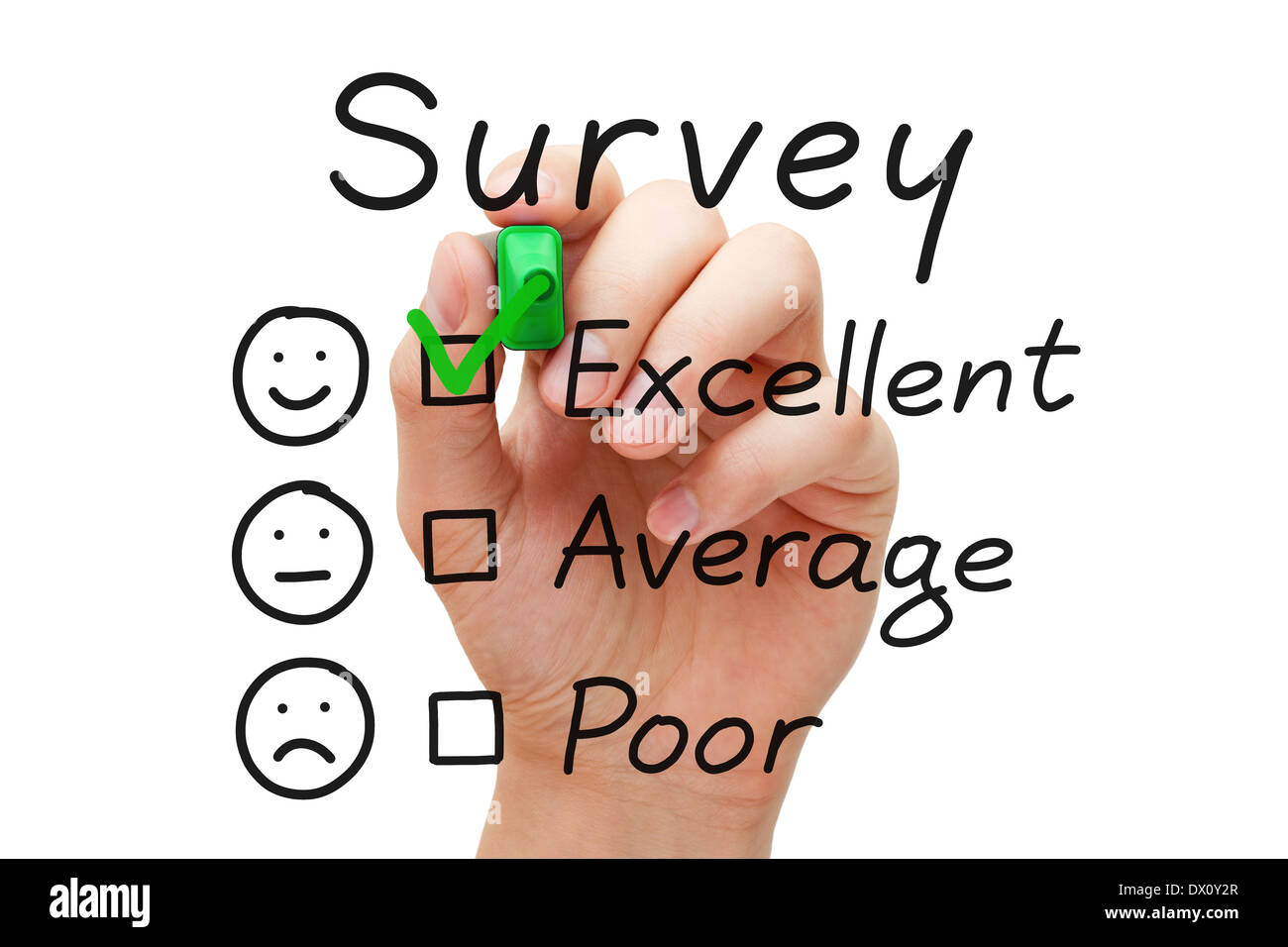 Hand putting check mark with green marker on excellent survey ...