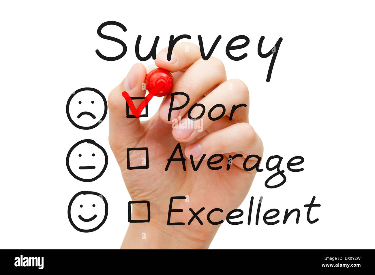 Hand putting check mark with red marker on poor survey evaluation form ...