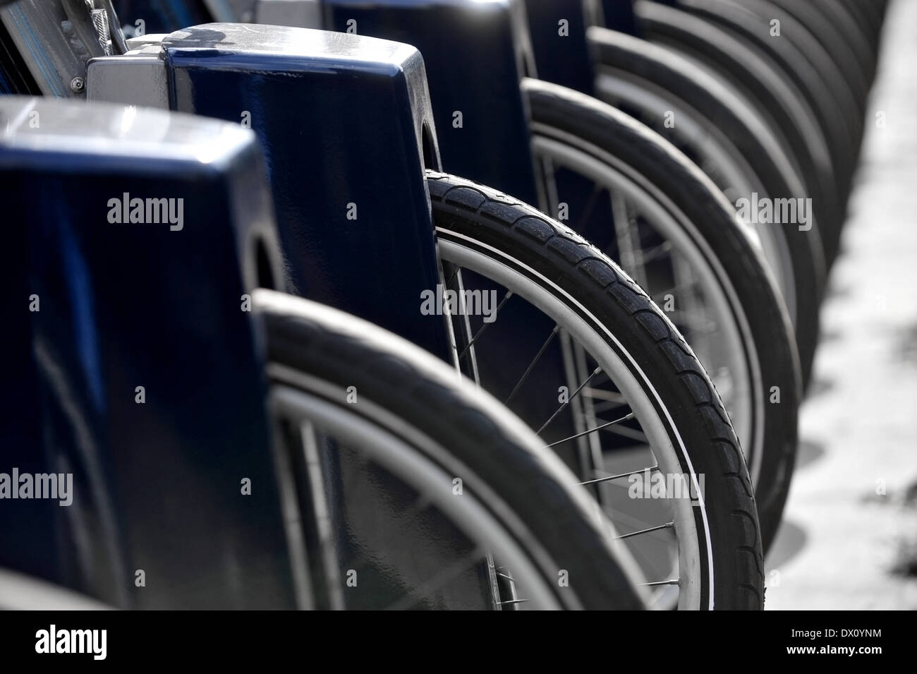 Bicycles wheels are seen in a public bicycle point Stock Photo - Alamy