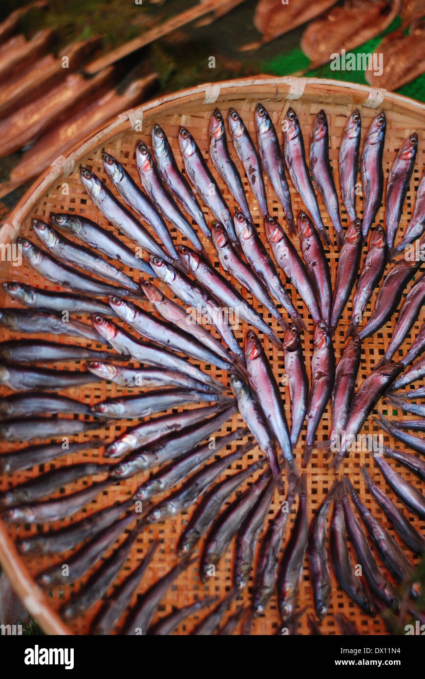 Fish drying on wooden basket, Izu Peninsula, Shizuoka Prefecture, Japan ...