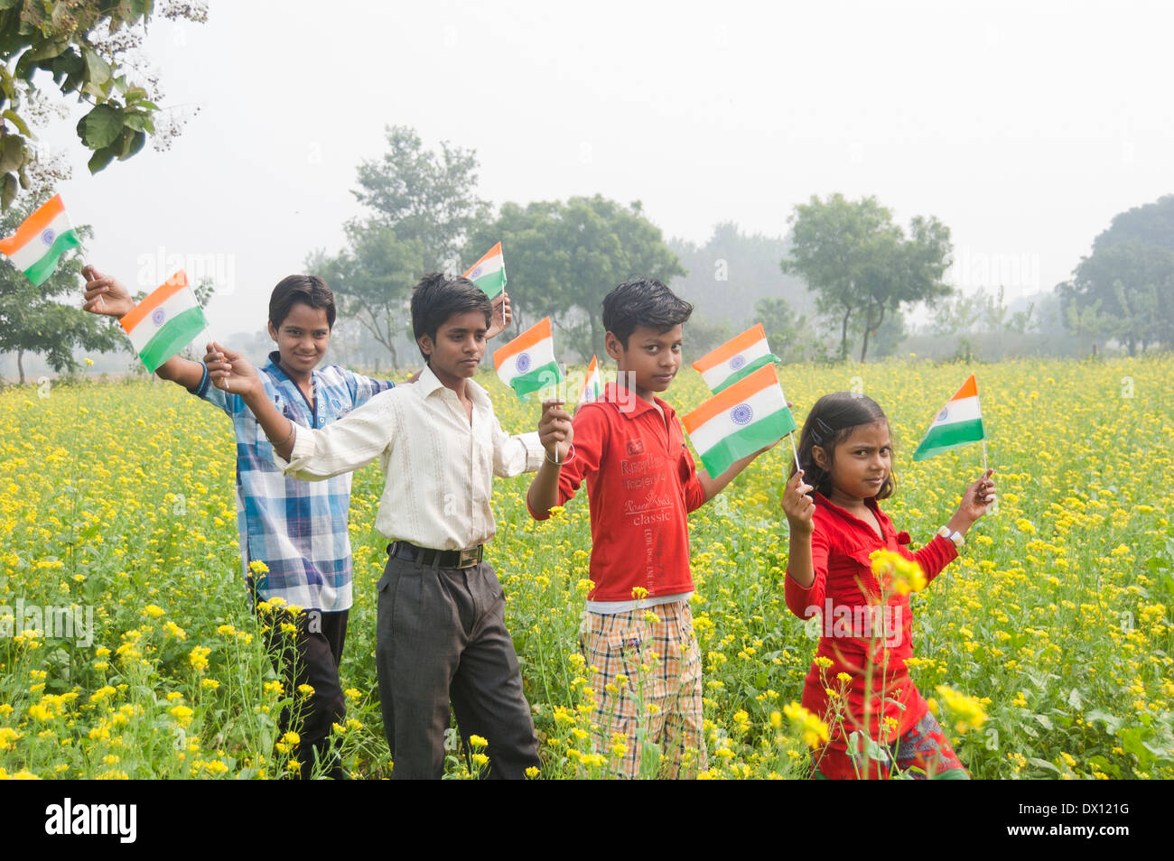 Indian Rural Kids Standing with Flags Stock Photo - Alamy