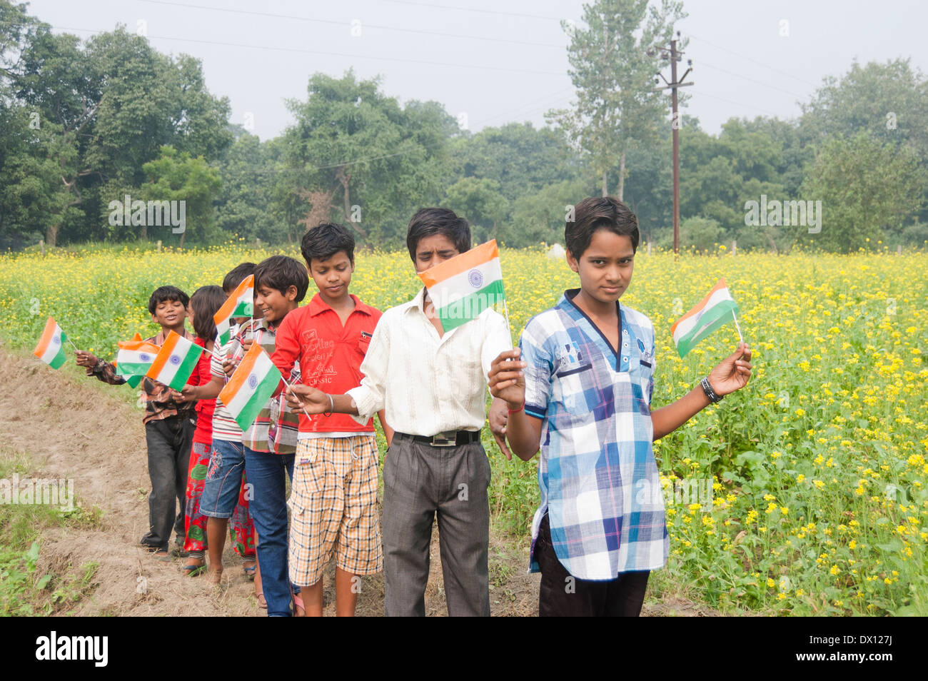 Indian Rural Kids Standing with Flags Stock Photo - Alamy