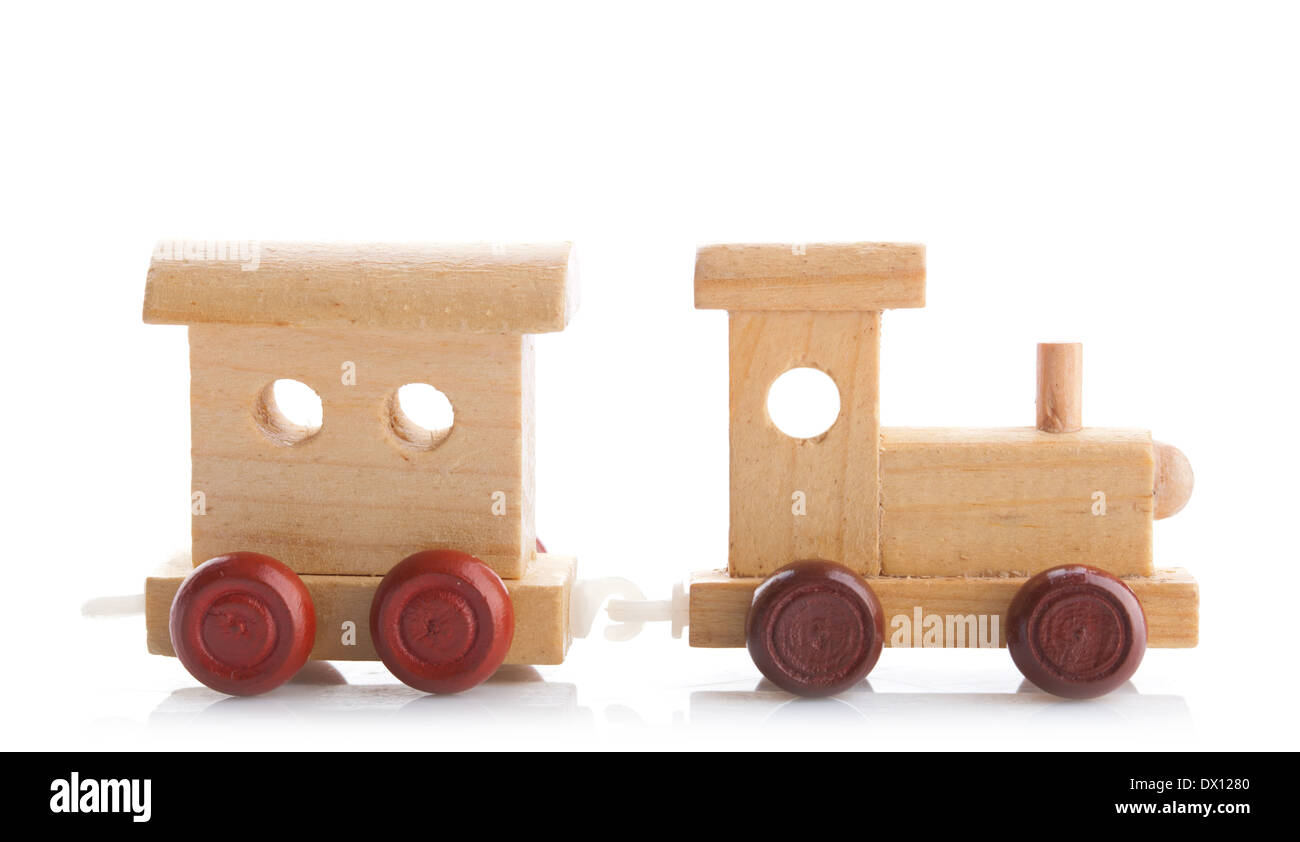 Wooden toy train on white background. Studio photo Stock Photo - Alamy