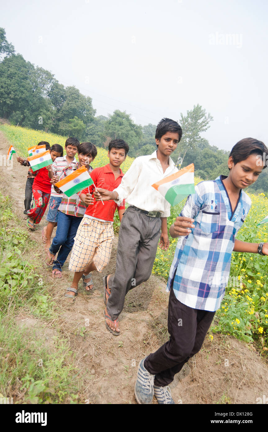 Indian Rural Kids Standing with Flags Stock Photo - Alamy