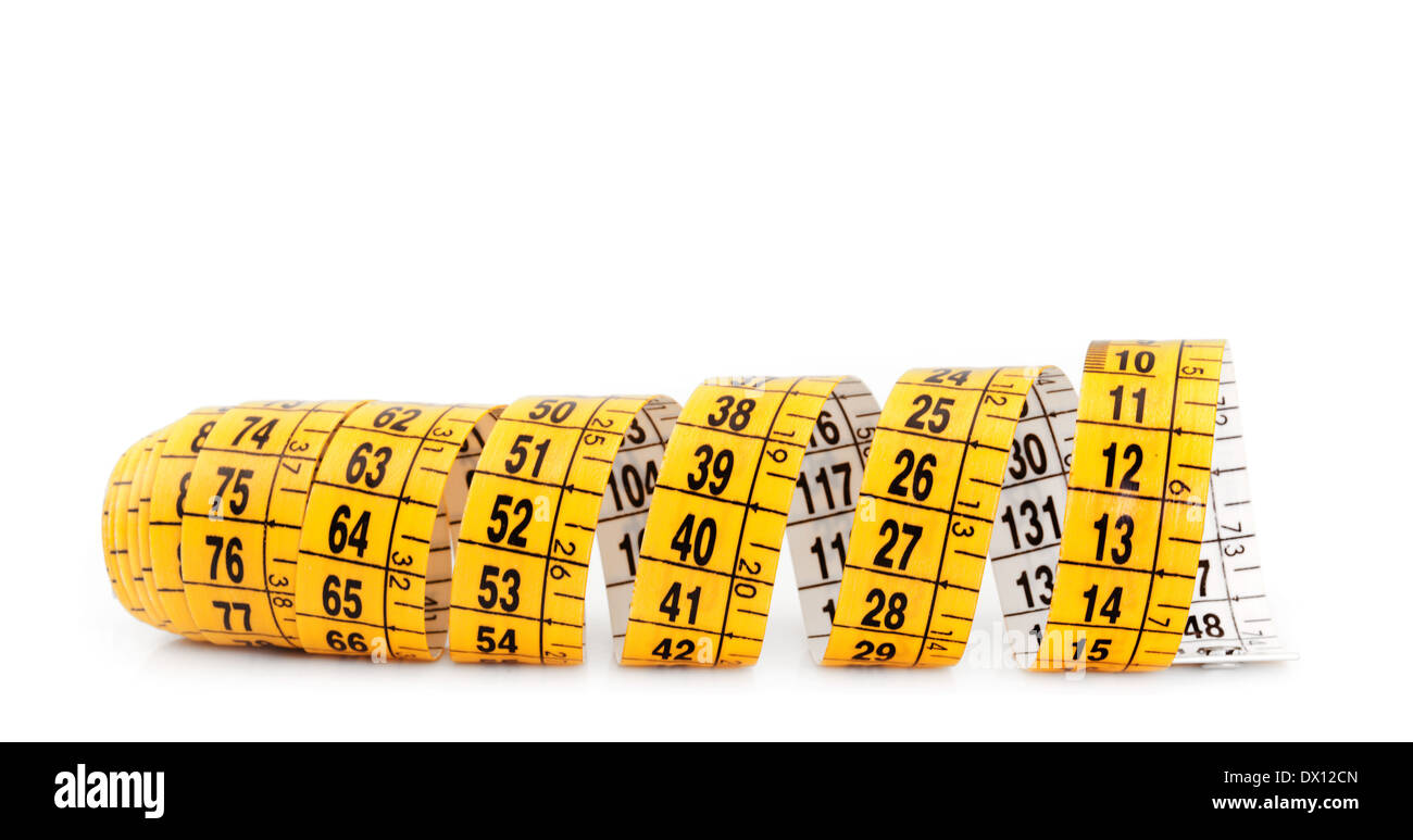Yellow measuring tape isolated on white background Stock Photo - Alamy