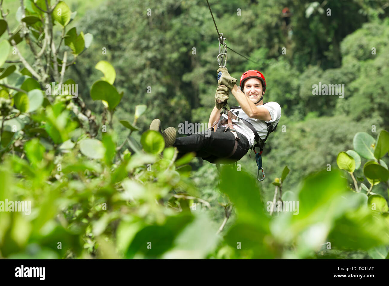 Adult Man On Zip Line Andes Rain Forest In Ecuador Stock Photo - Alamy