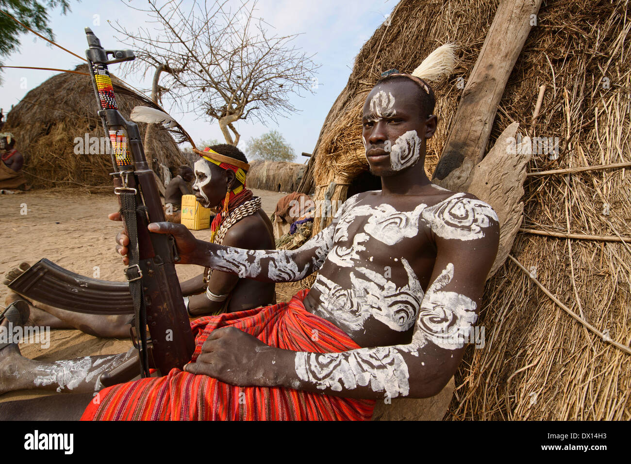 painted Karo warrior in Kolcho on the Omo River, Ethiopia Stock Photo ...