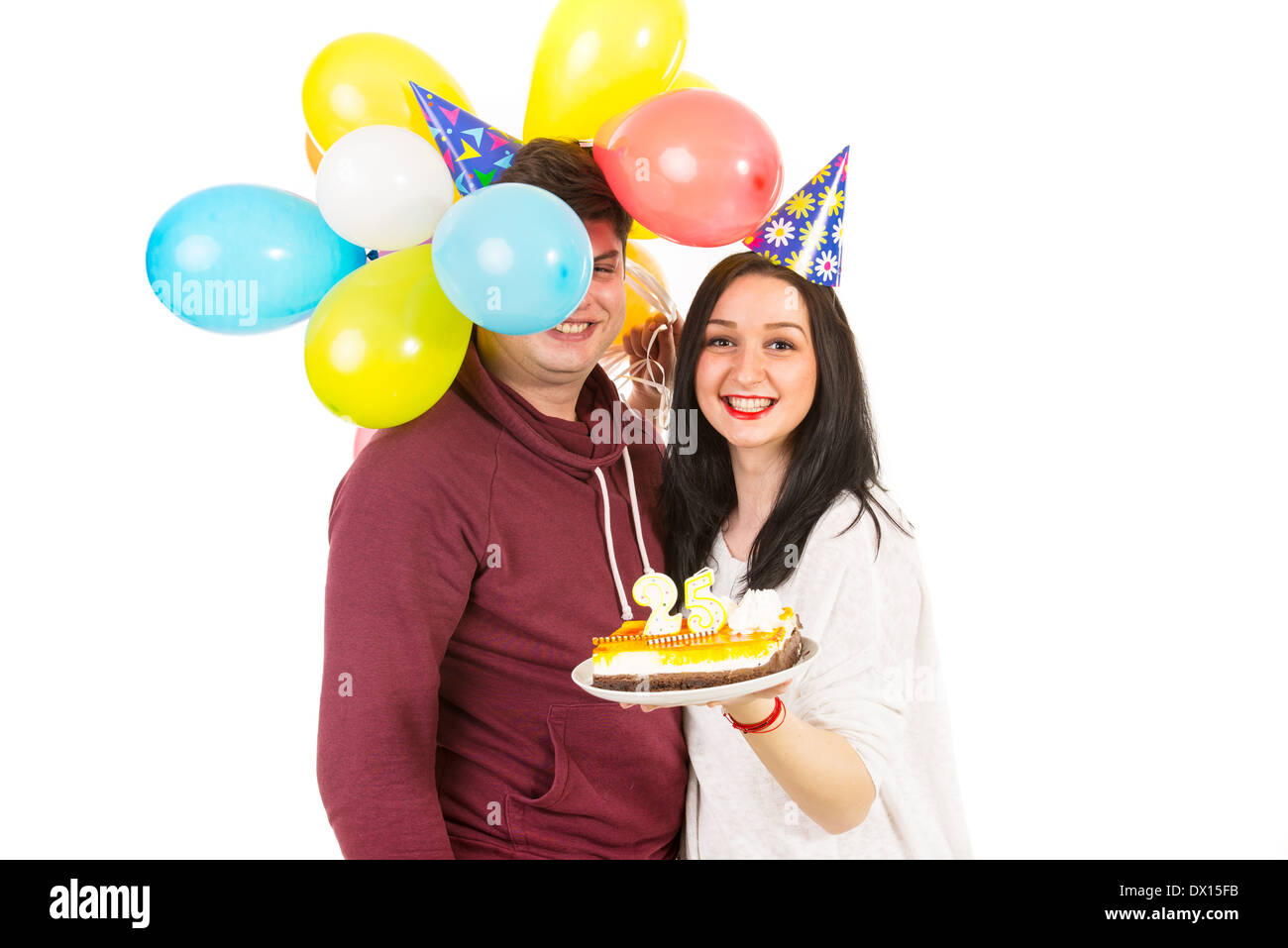 Happy couple celebrating woman birthday isolated on white background ...