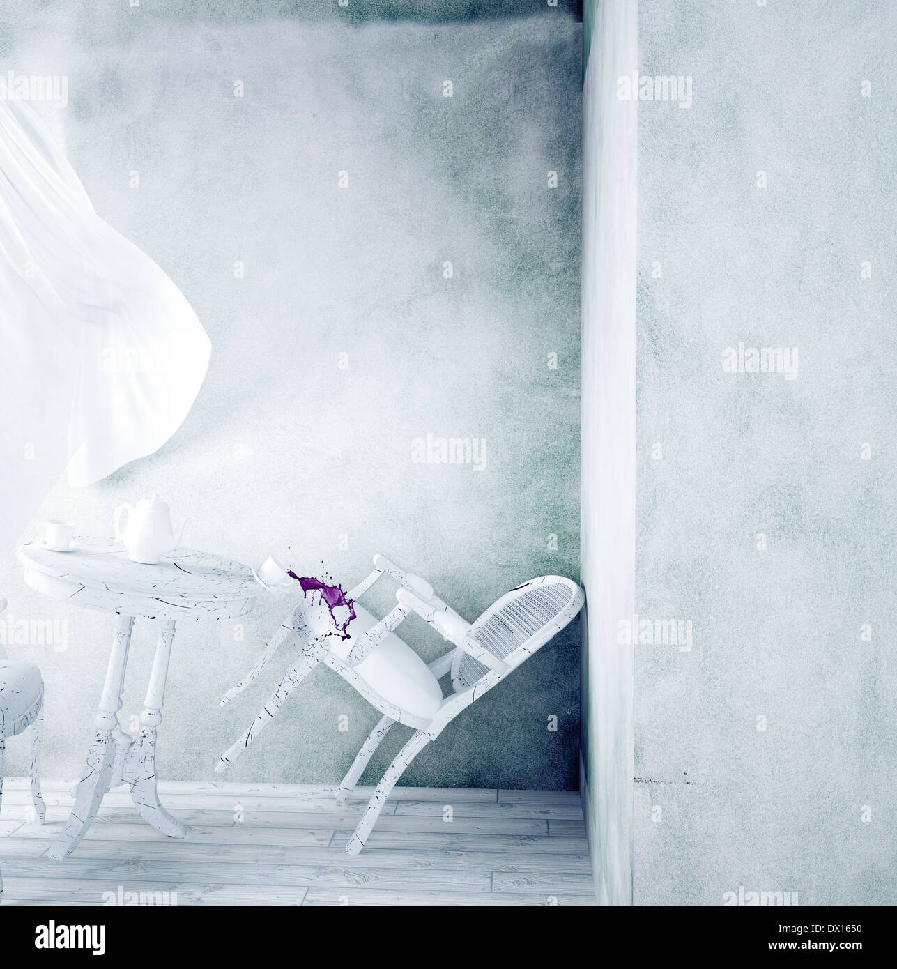 falling table and chair in grunge interior Stock Photo - Alamy