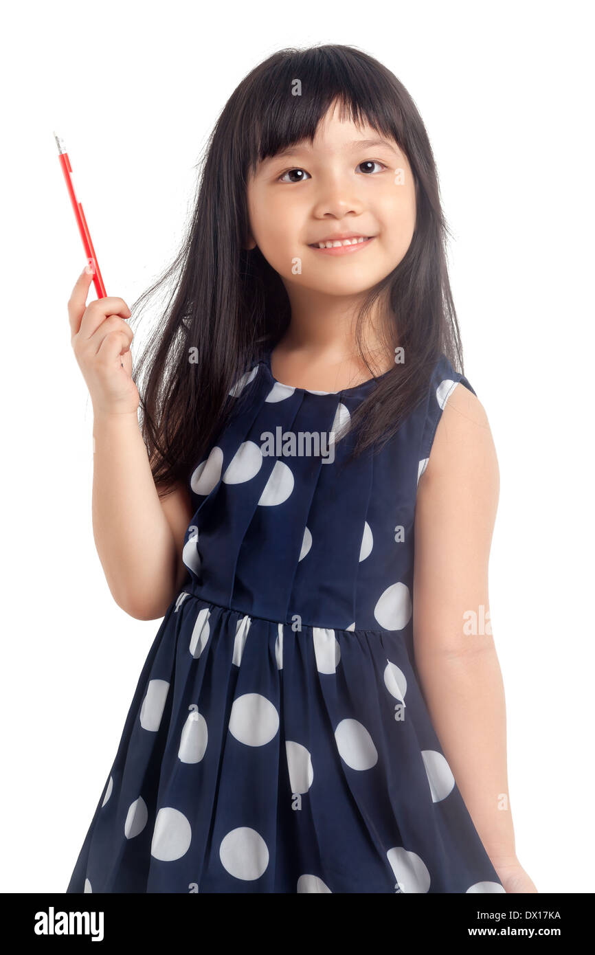 Little girl thinking with pencil isolated on white background Stock ...