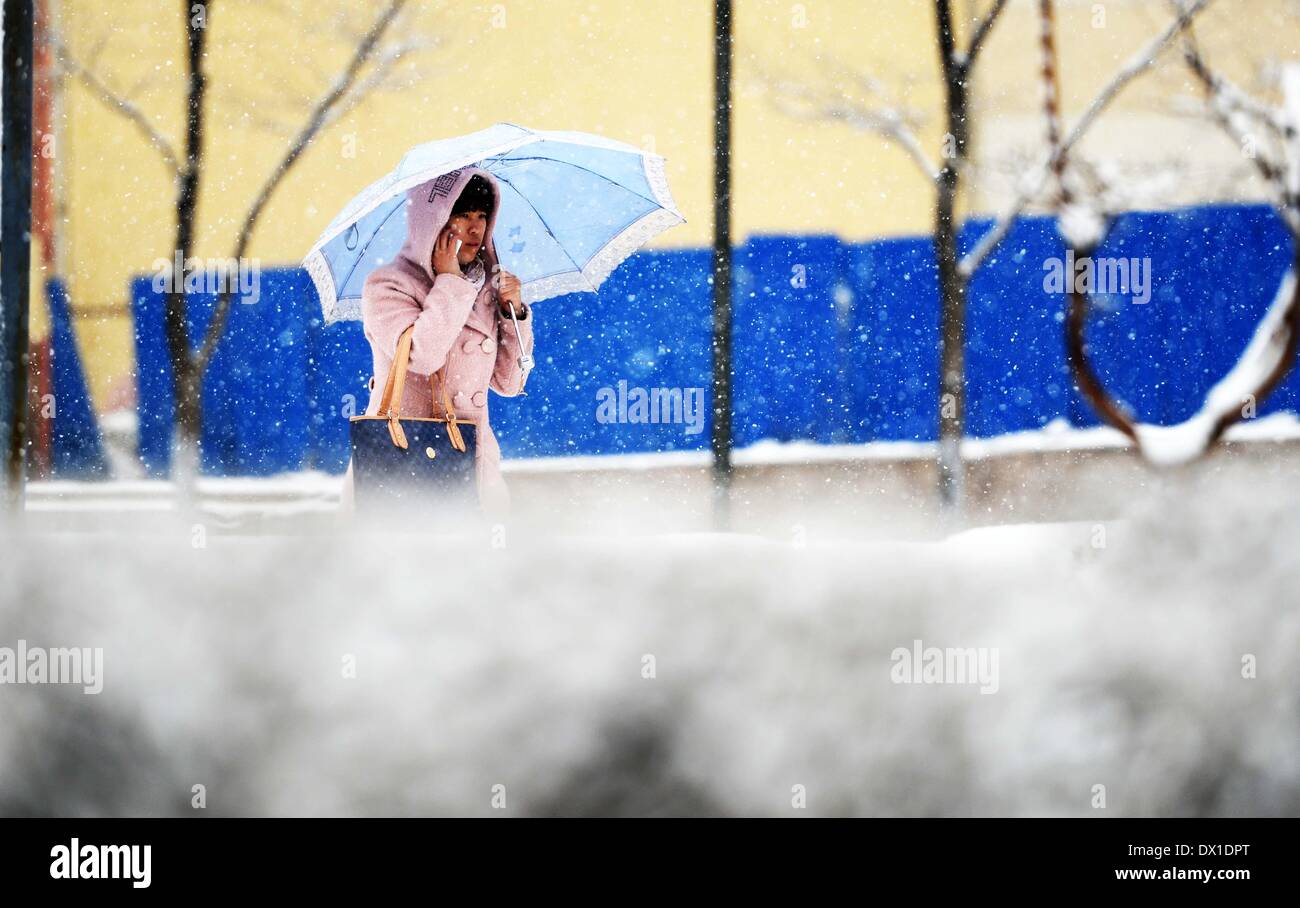 Harbin, China's Heilongjiang Province. 17th Mar, 2014. A pedestrian ...