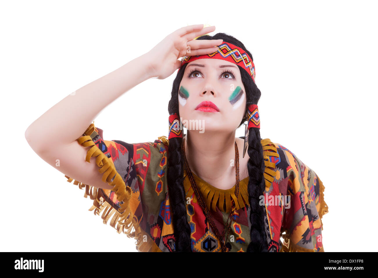 Native american woman looking away isolated on white background. Studio ...