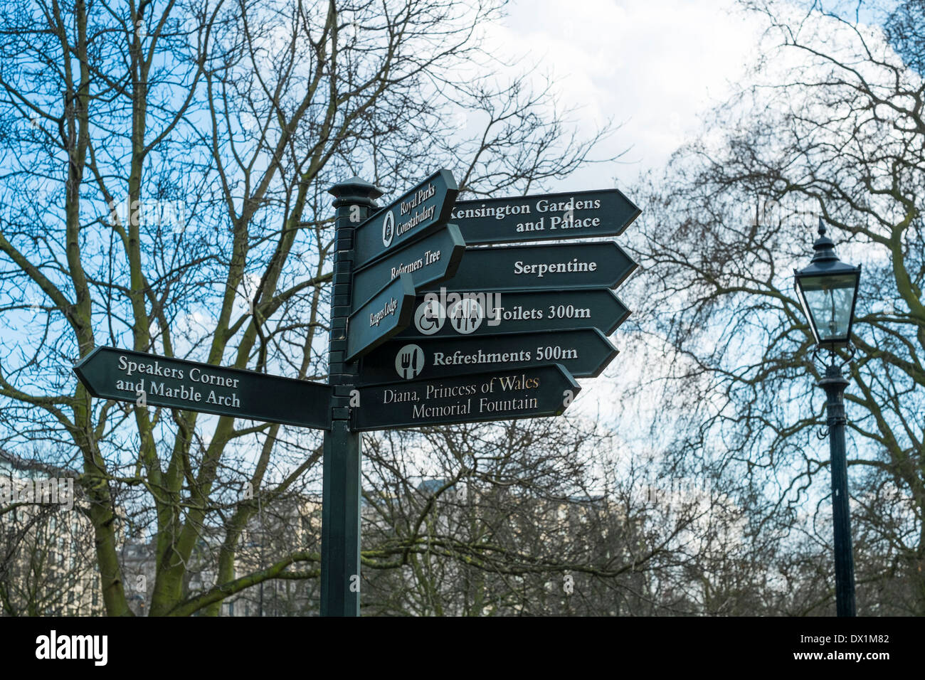 LONDON, UK - MARCH 14: Direction signs post in Hyde Park. March 01 ...
