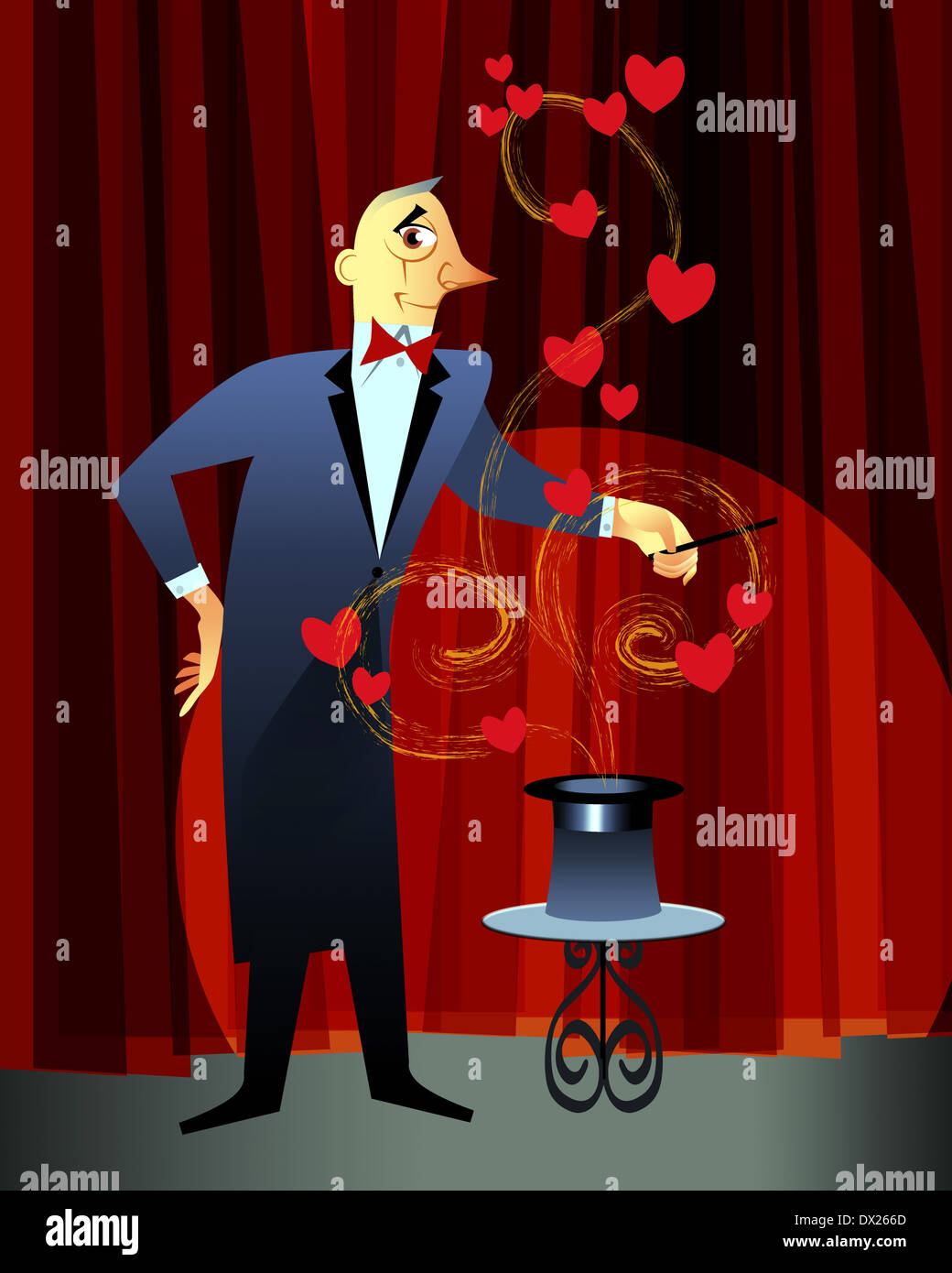 Acting on a stage magician with magic shows hearts his hat Stock Photo ...