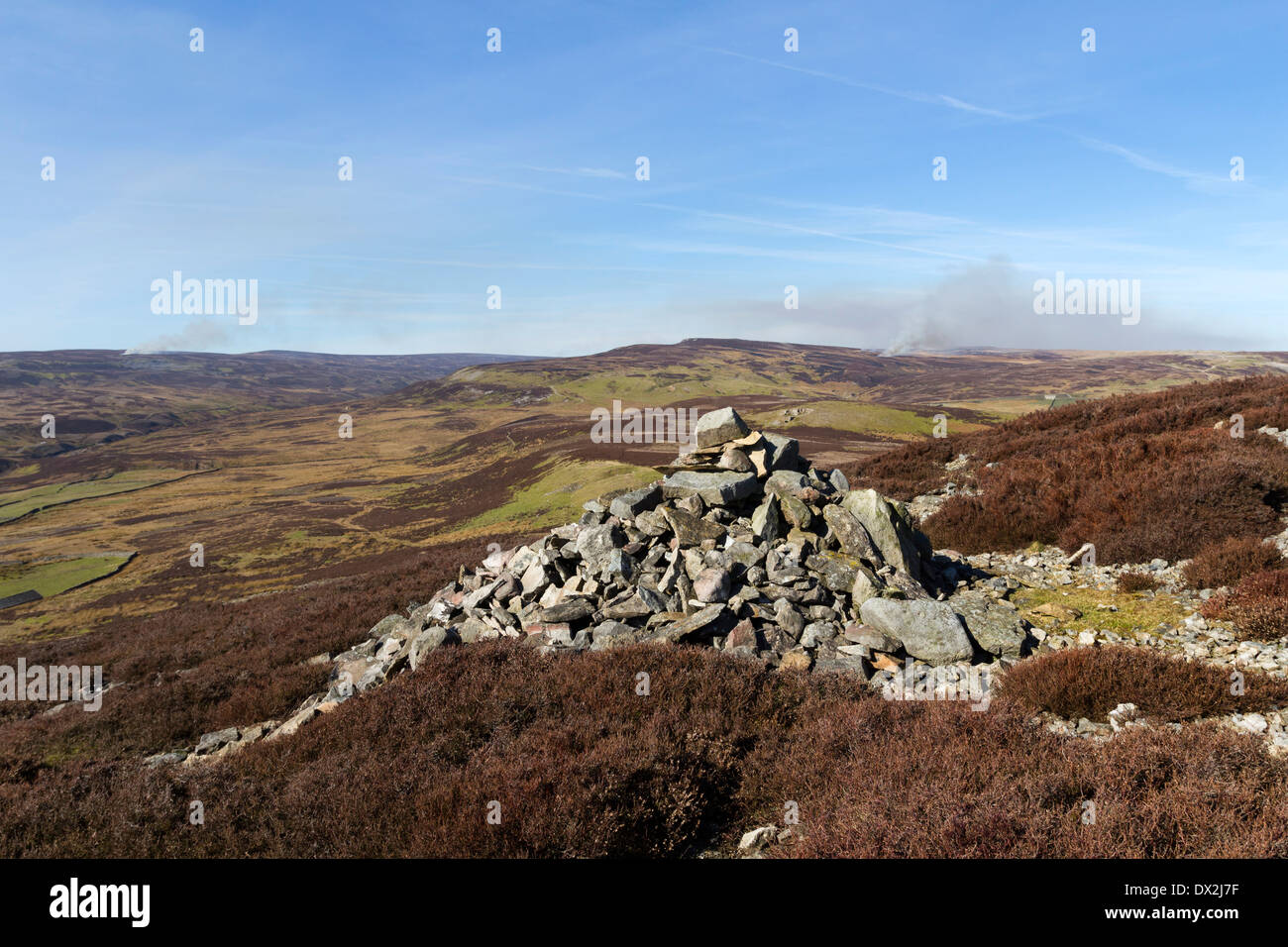Cairn on the West Top of Calver Hill with Smoke from Heather Burning ...