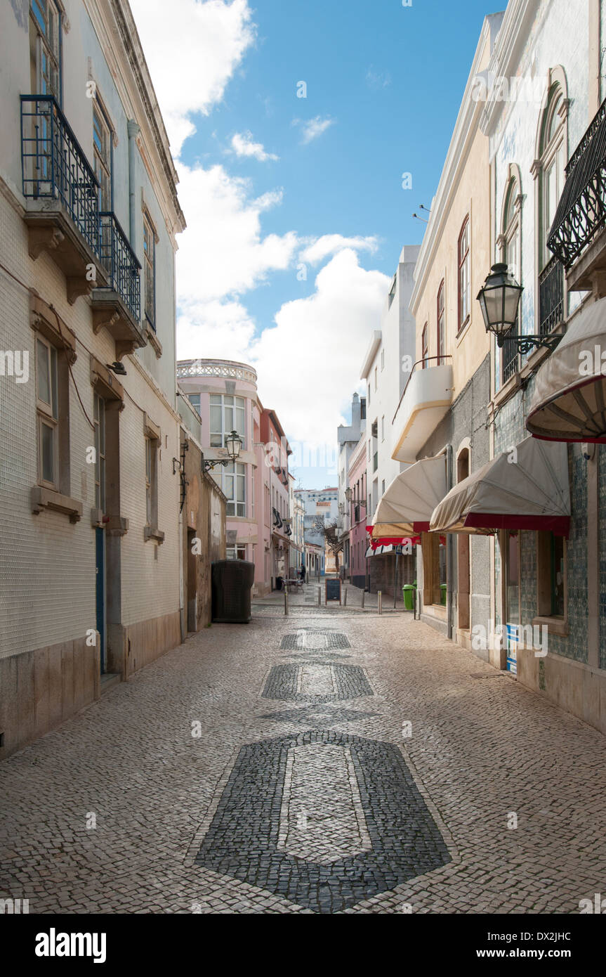 Traditional tiled building and mosaic tiled street in the old town of ...