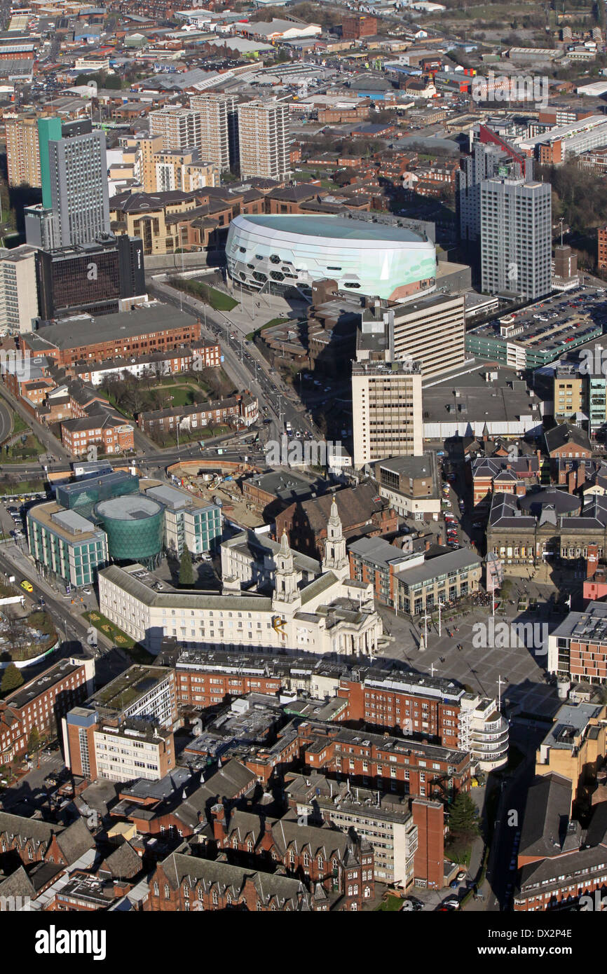 aerial view of Leeds with Millennium Square, Leeds Civic Hall and the ...