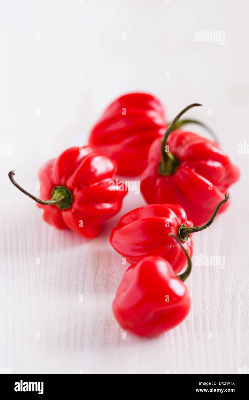 Closeup of bunch of five round shaped red chili peppers on light ...