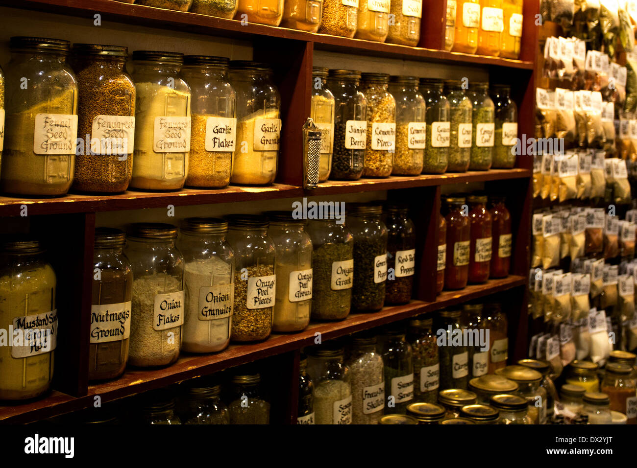 Spices jars at the Farmer's Market Stock Photo - Alamy