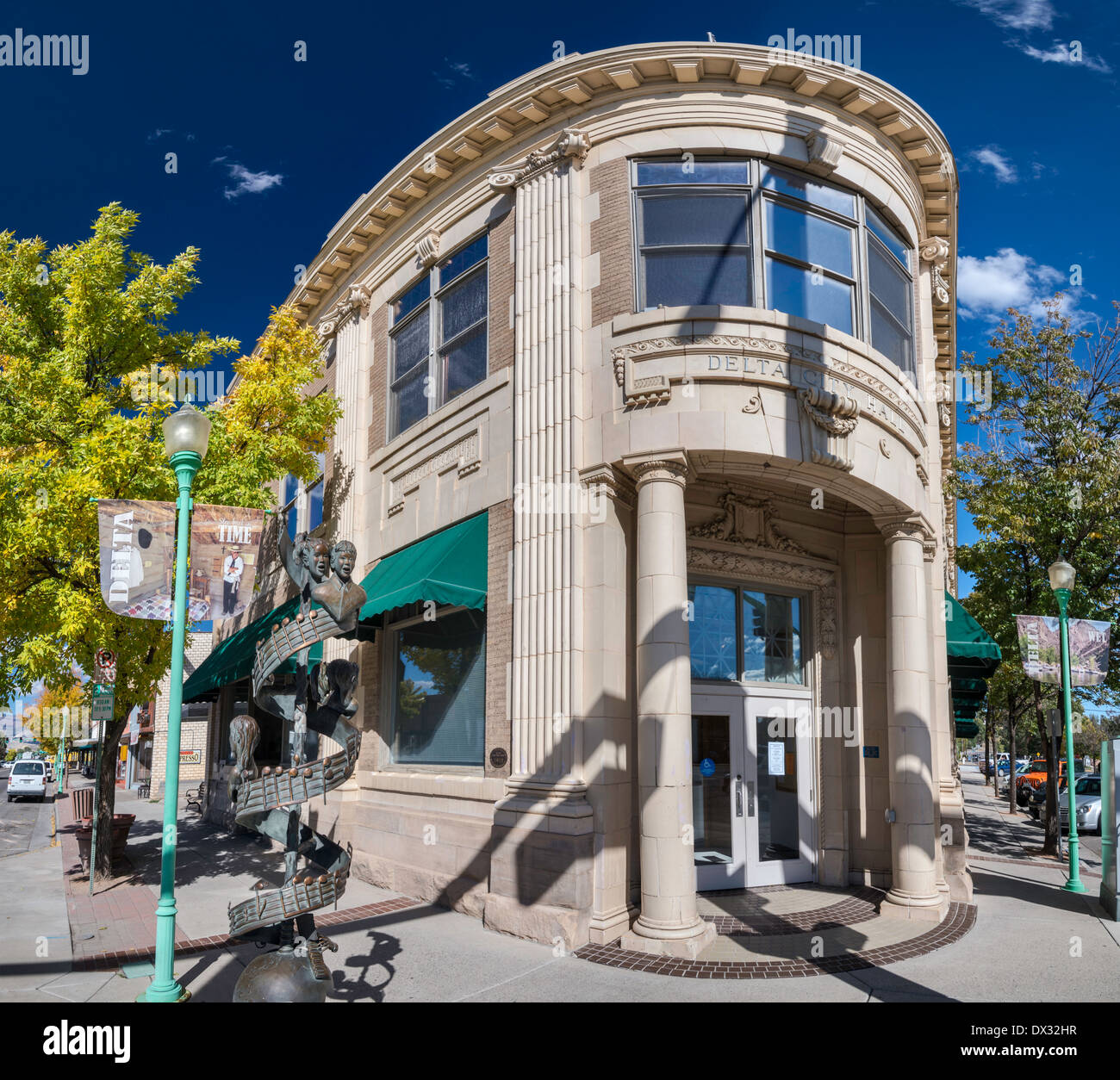 Delta City Hall, sculpture by Tracy Y Munson on left, Main Street in ...