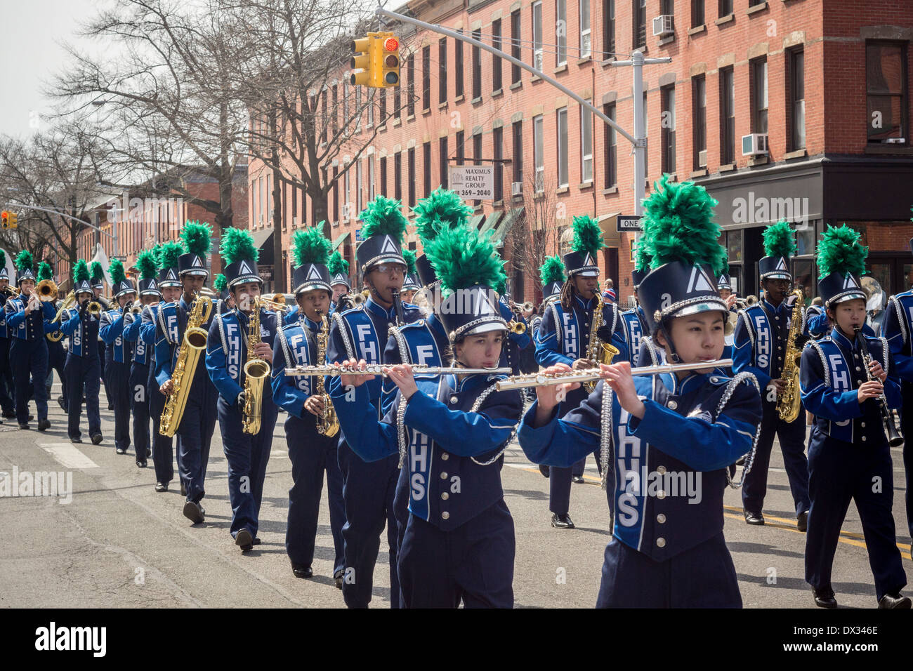 Multiethnic high school marching band the Irish-American Parade in the ...
