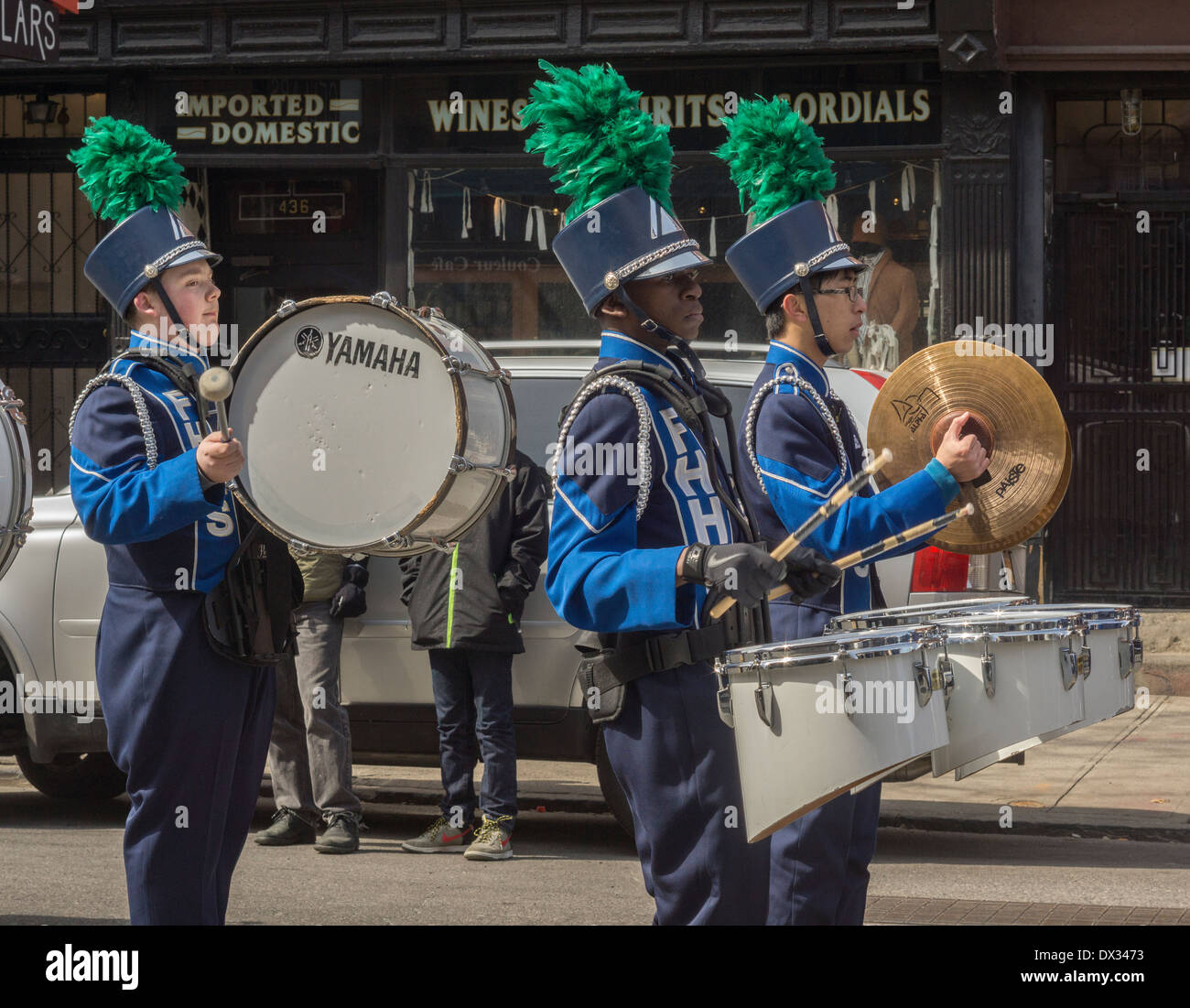 Multiethnic high school marching band the Irish-American Parade in the ...