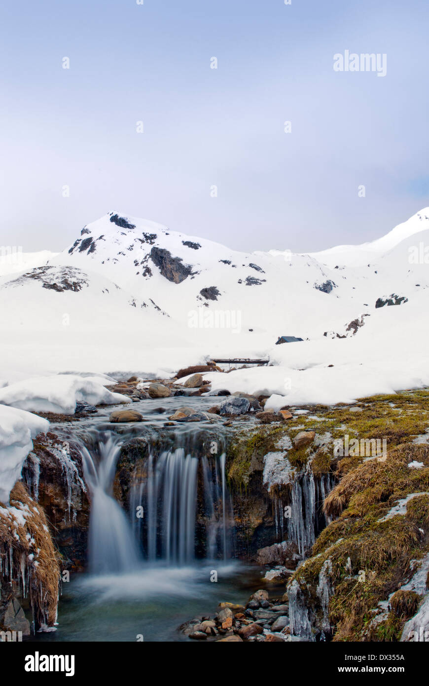 High mountain landscape with snow and small river in the Pyrenees Stock ...