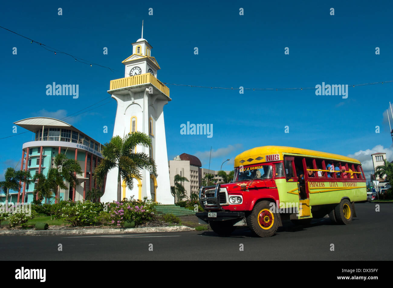 clock tower, Central Bank and local bus street scene, town Center, Apia ...