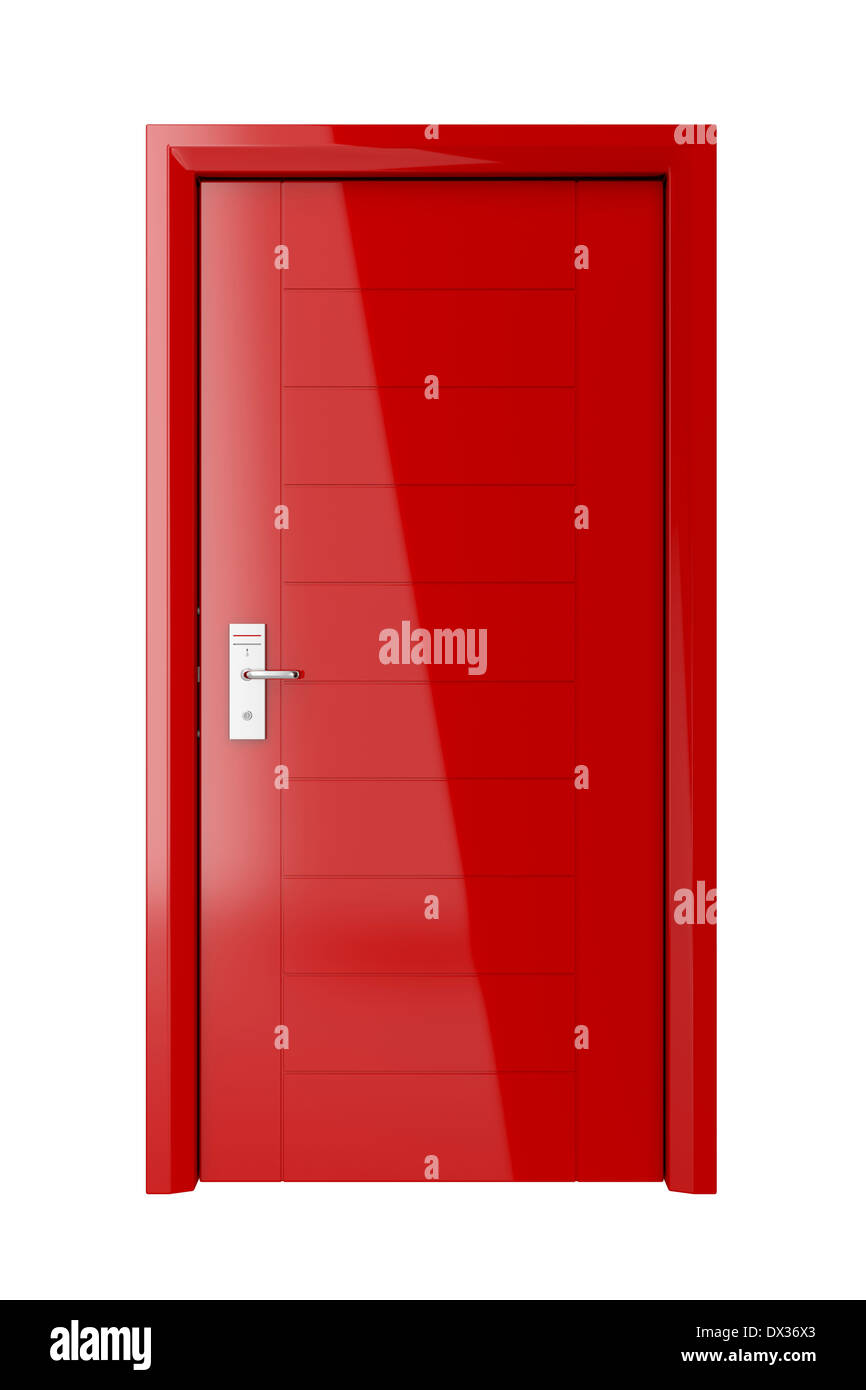 Red door with electronic keycard lock isolated on white background ...