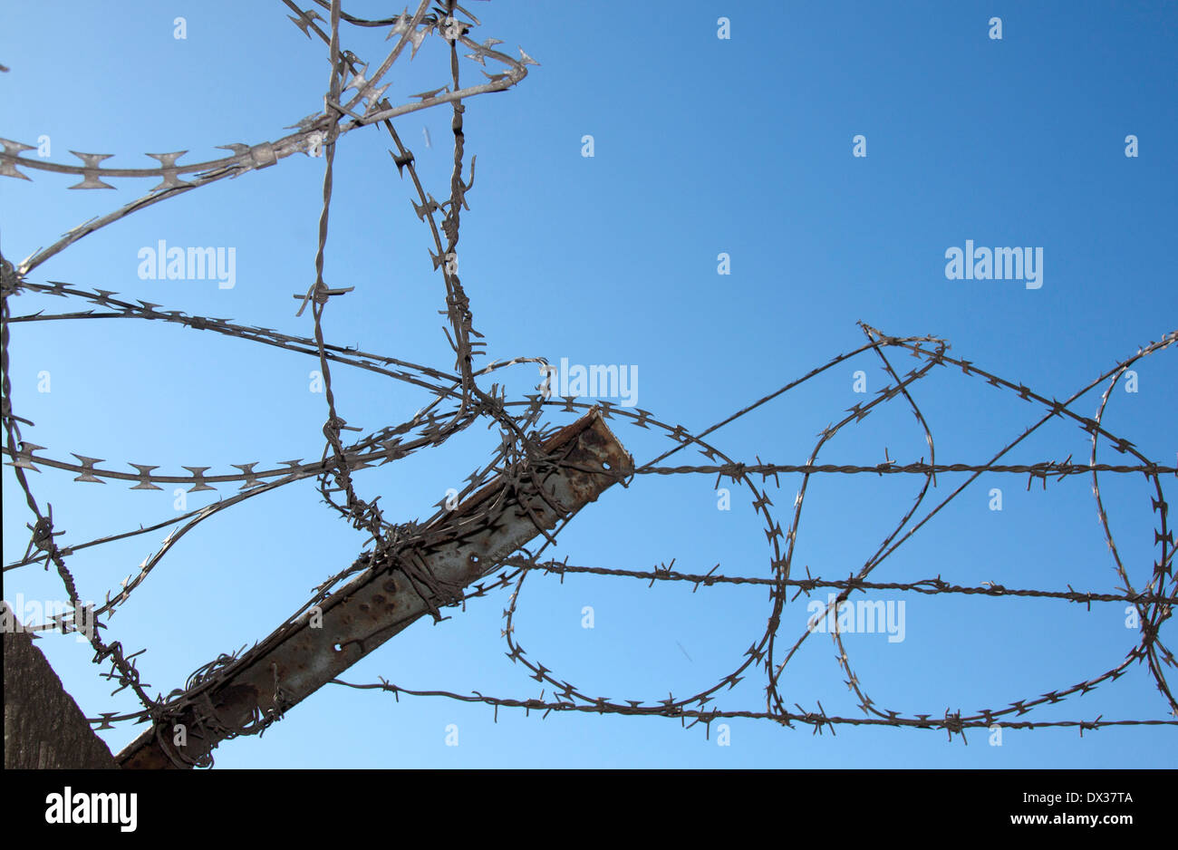 Close up corner view of barbed razor security fence Stock Photo - Alamy