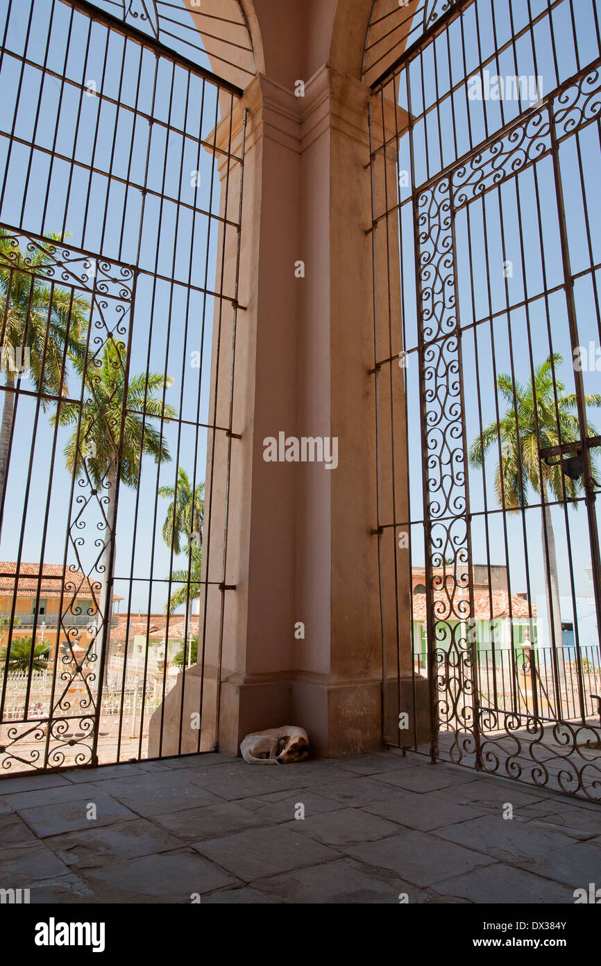 Dog curled up by a pillar, between cast Iron Church gates in Havana ...