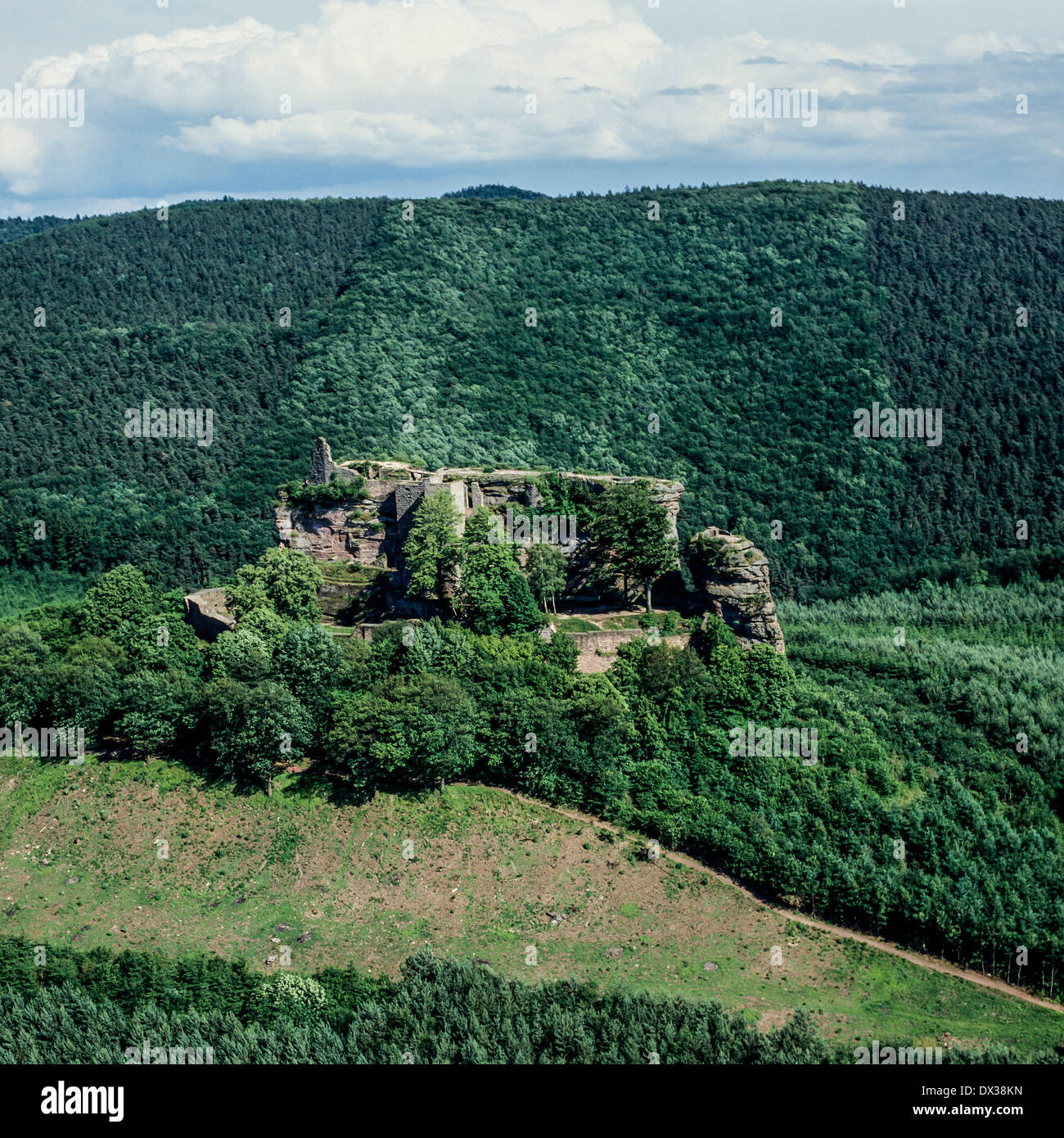Aerial of Fleckenstein castle ruins 12th Century Alsace France Stock ...