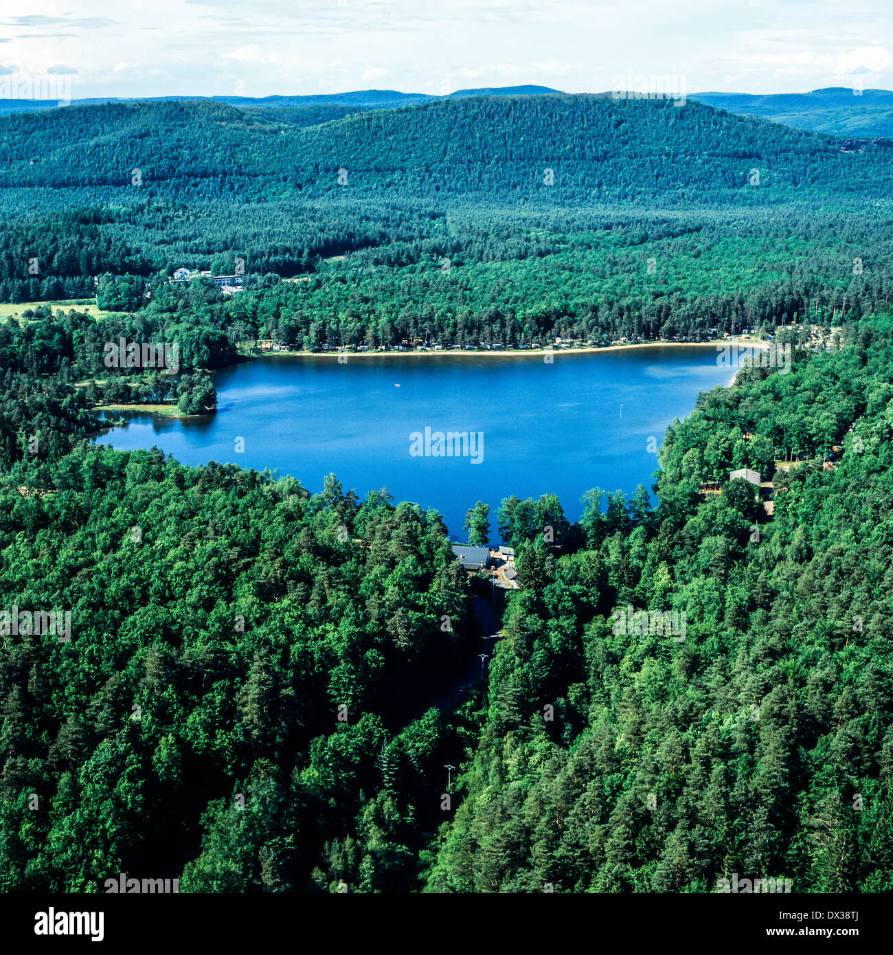 Hanau pond resort, aerial view, Philippsbourg, Vosges mountains ...
