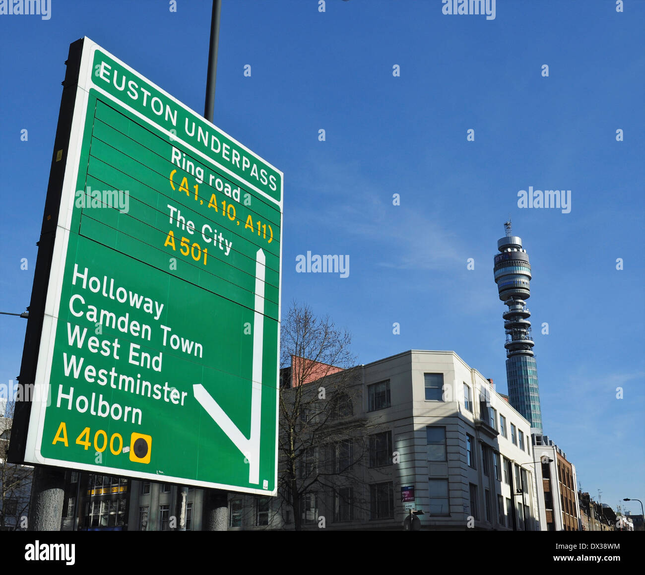 Road sign and BT Tower, Euston Road, London, England, UK Stock Photo ...