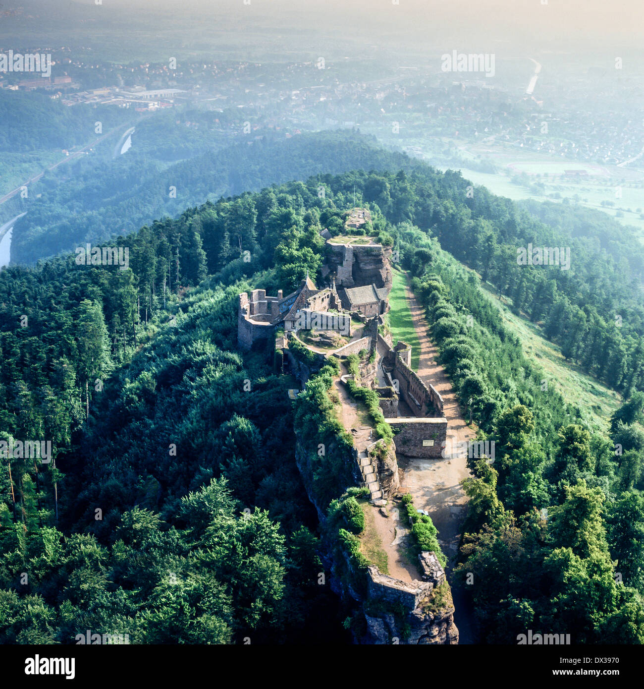 Aerial of Haut-Barr rock castle 12th Century Alsace France Stock Photo ...