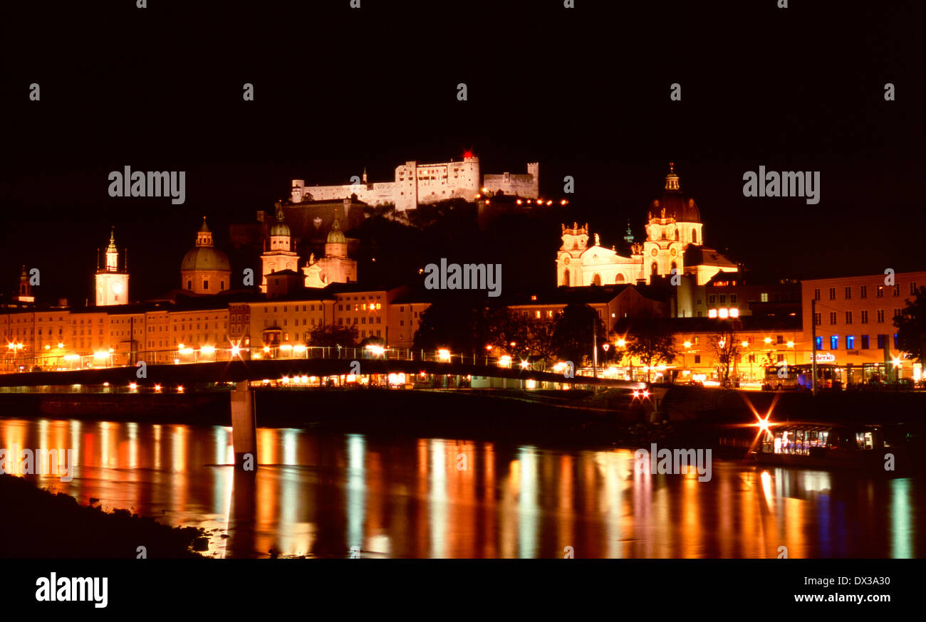 Night time view of Salzburg, Austria and the Hohensalzburg Fortress ...