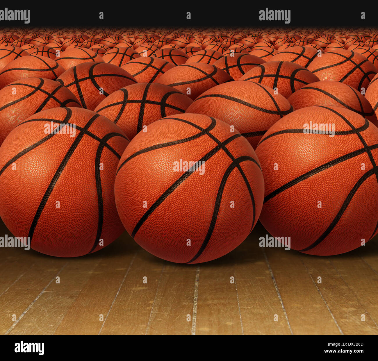 Basketball group on a hardwood court floor as an infinite background ...