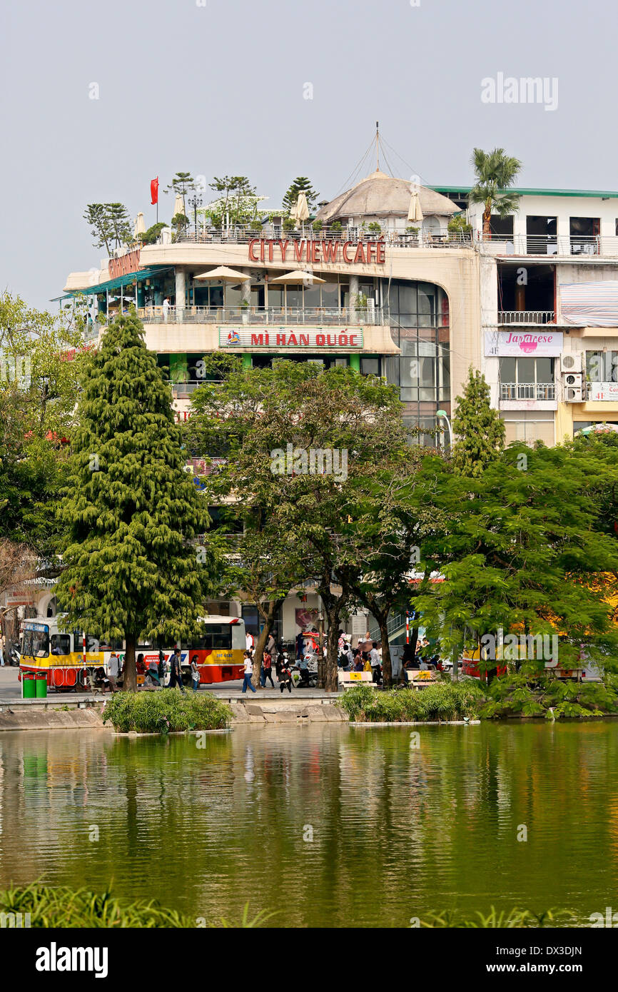 Cafes and restaurants overlooking the Hoan Kiem Lake on the edge of the ...