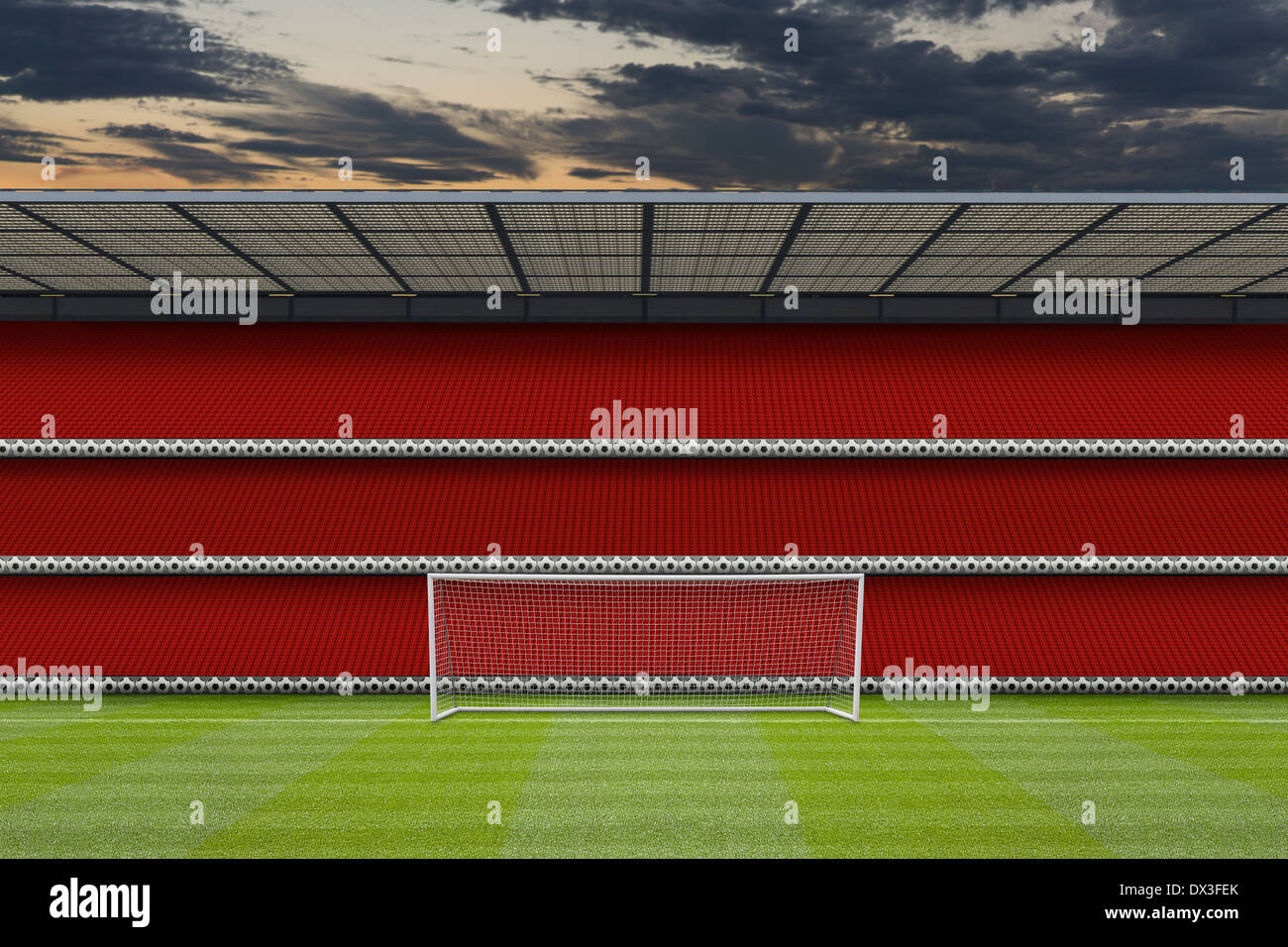 real grass,football goal posts and sunset sky with a computer generated ...