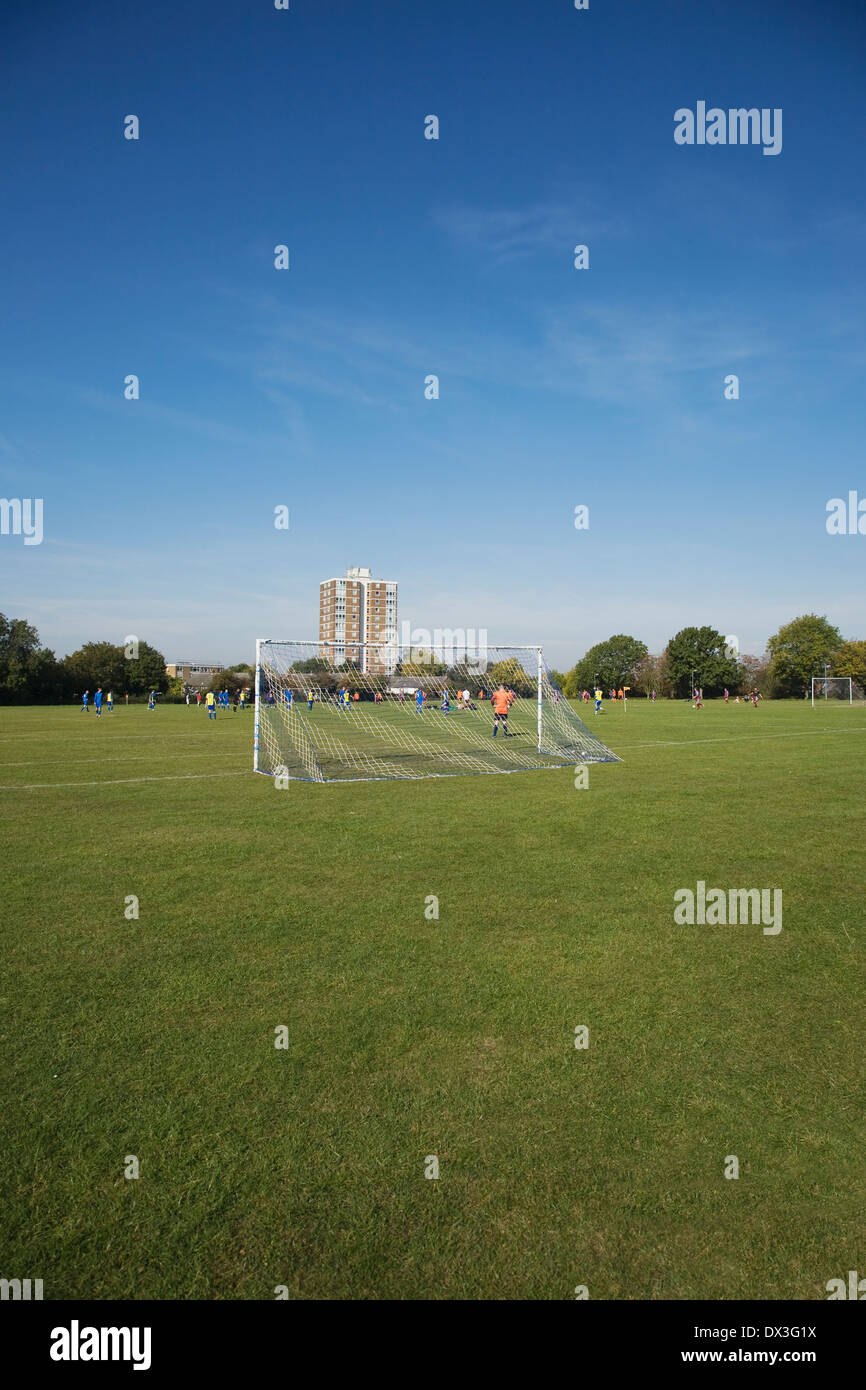 view from behind the goal at a Amateur football league game Stock Photo ...
