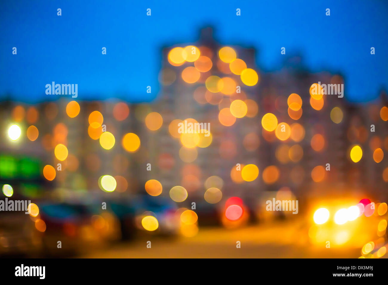 Defocused blue bokeh urban city background effect. Design backdrop ...