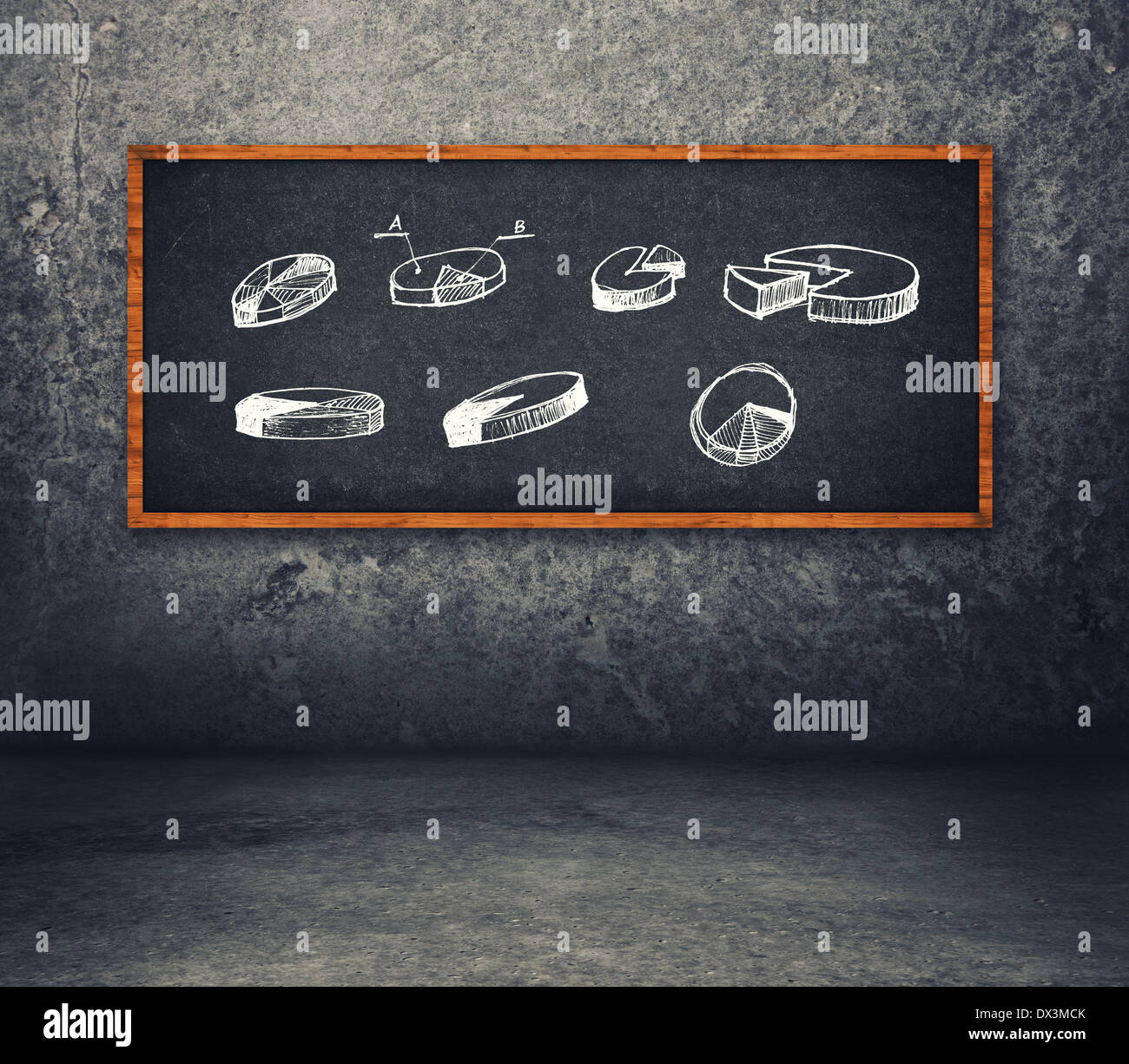 Pie charts and other infographics on chalkboard. Concept of presenting ...