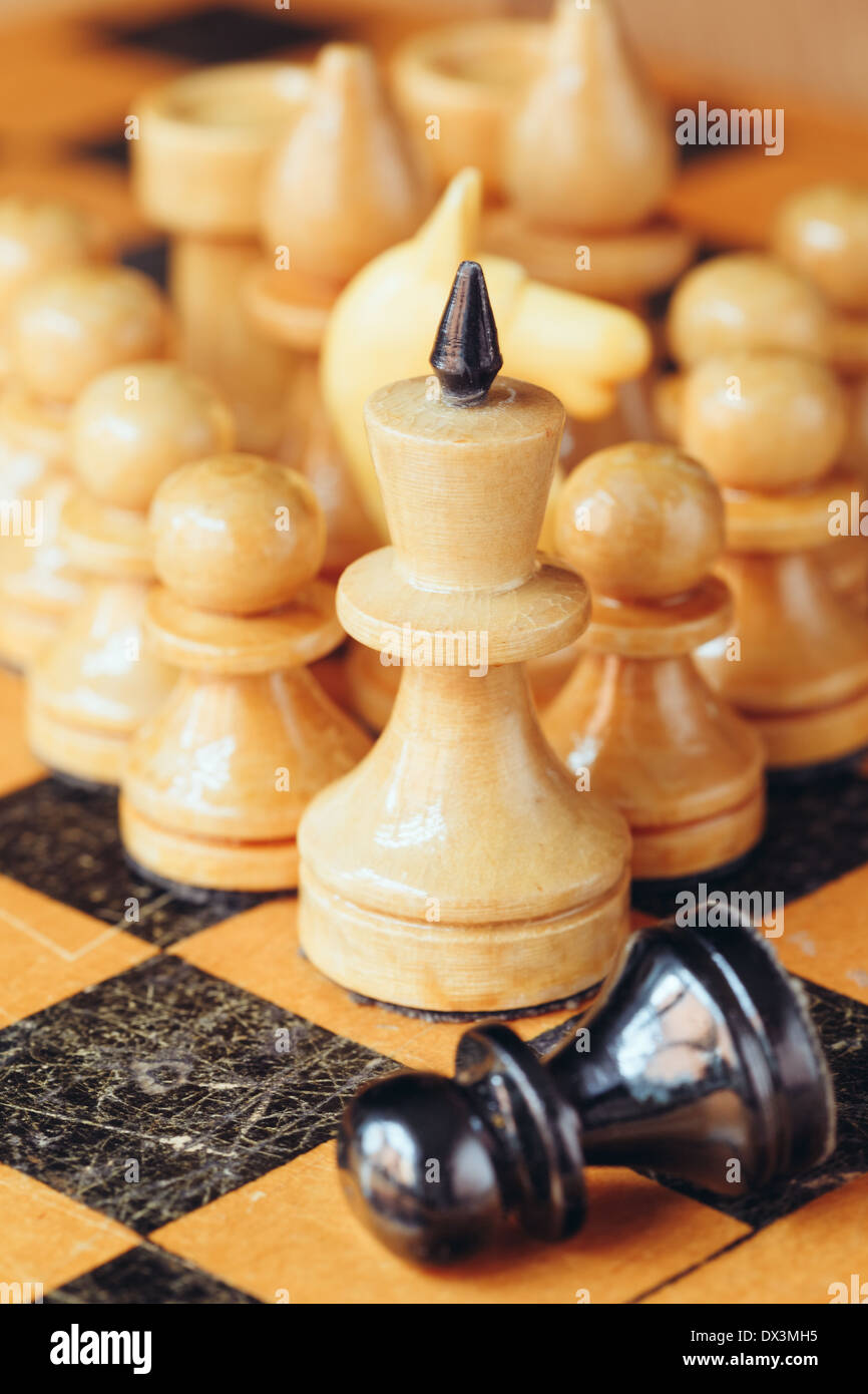 Chess leader led king his army white wooden figures and defeated enemy ...