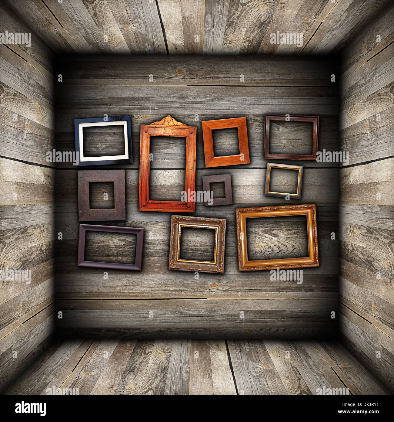 collection of beautiful empty frames on wood interior wall for your ...