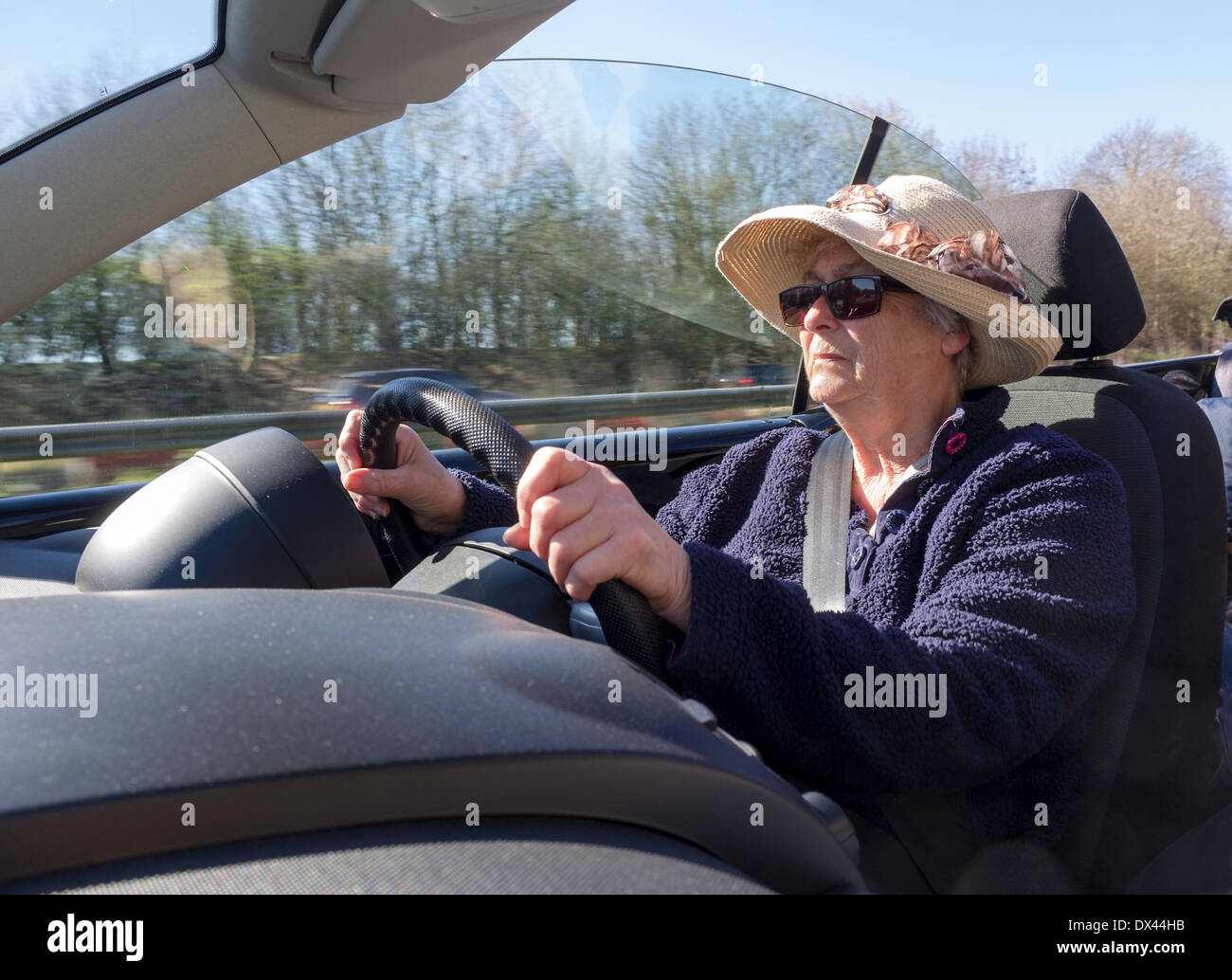 Senior Lady driving her open cabriolet car Stock Photo - Alamy