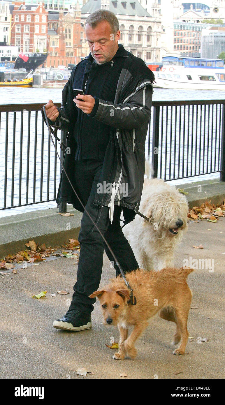 Graham Norton walking his pet dogs Bailey and Madge outside the ITV ...
