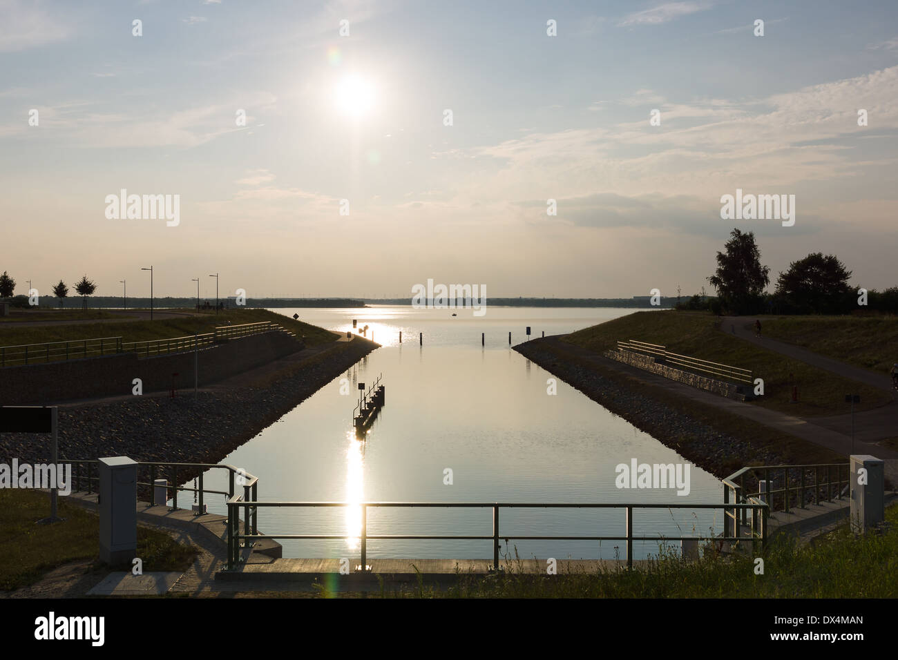 Sunset at Lake Senftenberg. New concrete shore. Germany Stock Photo - Alamy