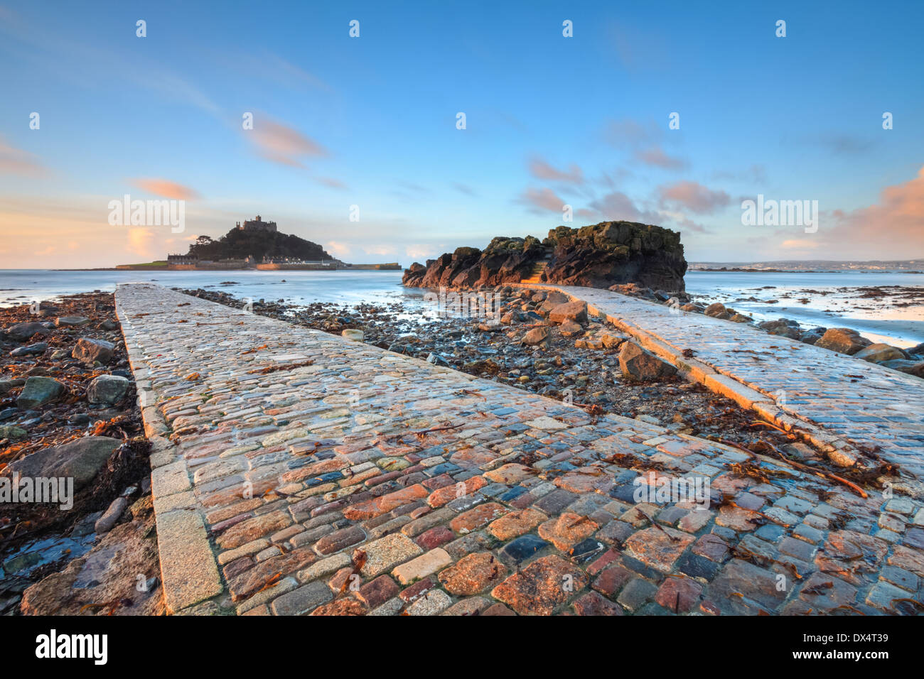 St Michael's Mount in Cornwall captured at sunrise from the causeway ...