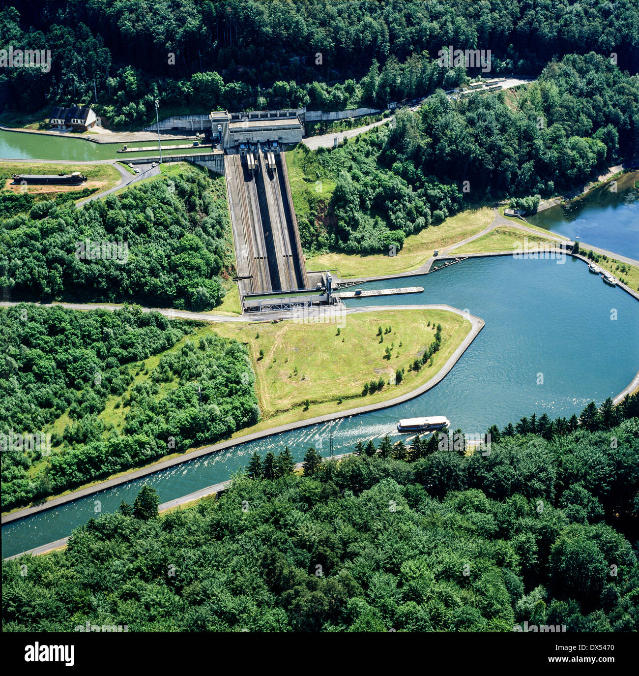 Aerial of inclined plane with boat elevator, ship lift, St-Louis ...