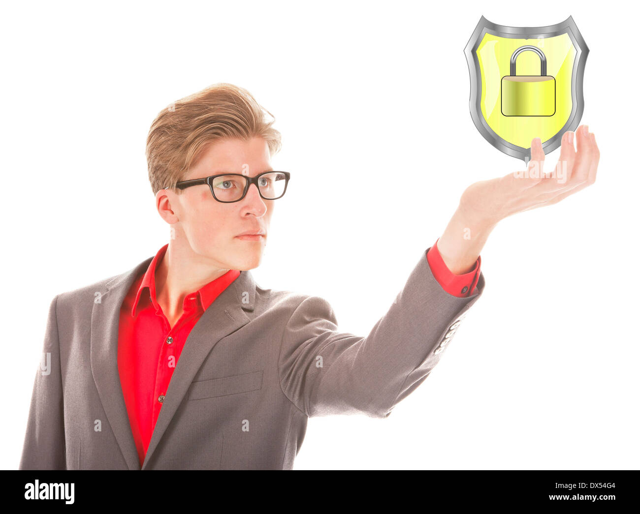 Young man holding protection shield isolated on white background Stock ...